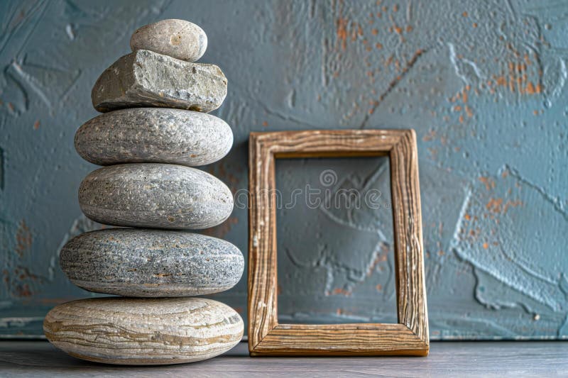 Photo of a Stack of Rocks on the Shelf in Front of an Empty Photo Frame ...
