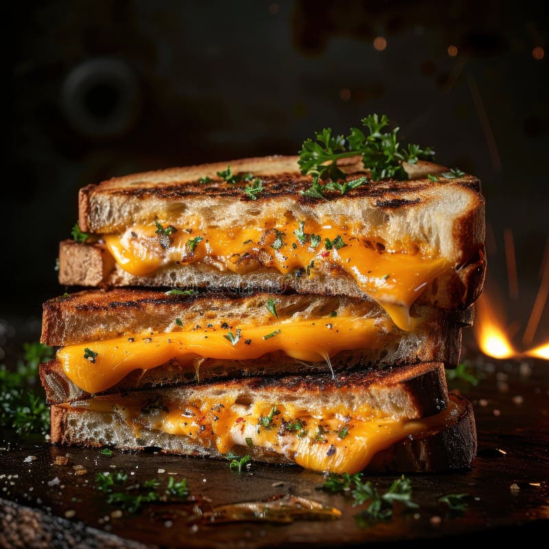 Photo of Stack of Three Grilled Cheese Sandwiches with Melted Cheddar ...