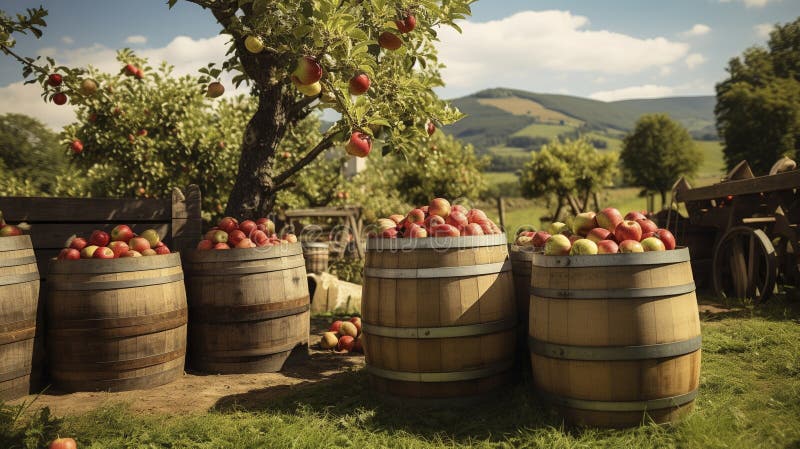 A Photo of a Stack of Wooden Barrels Filled with Apples at an Orchard ...
