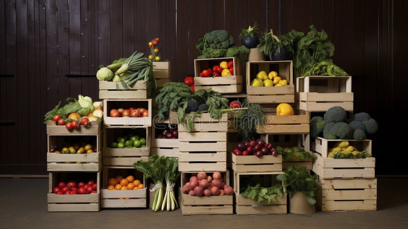 A Photo of a Stack of Wooden Crates Filled with Fresh Produce Stock ...