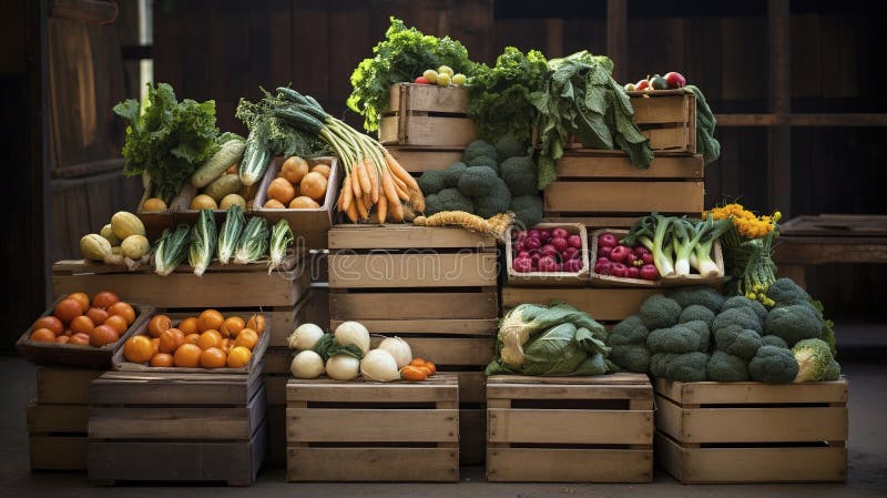 A Photo of a Stack of Wooden Crates Filled with Fresh Produce Stock ...