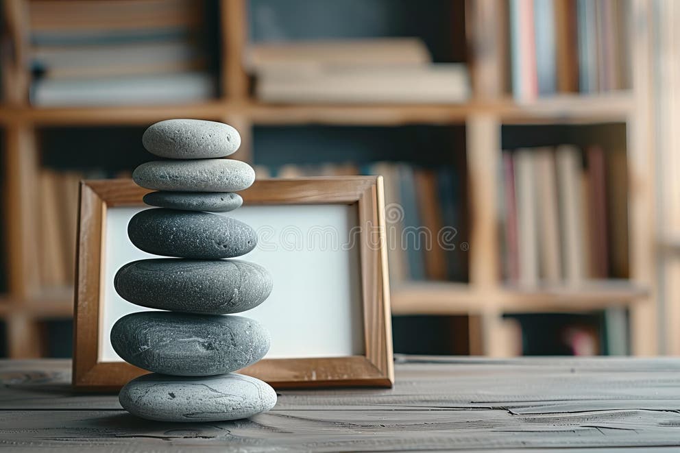 Photo of a Stack of Zen Stones on the Shelf in Front of an Empty Photo ...