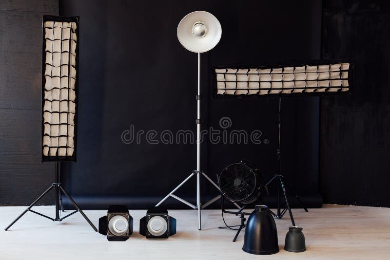 Photo Studio Equipment Flash Accessories Photographer on Black ...