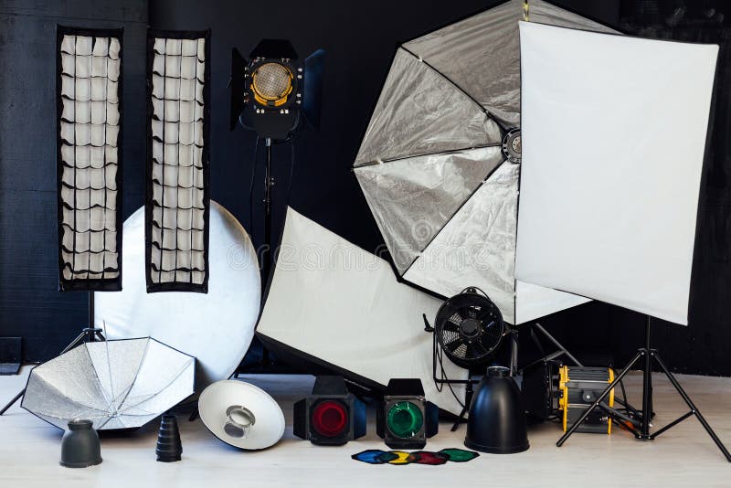 Photo Studio Equipment Flash Accessories Photographer on Black ...