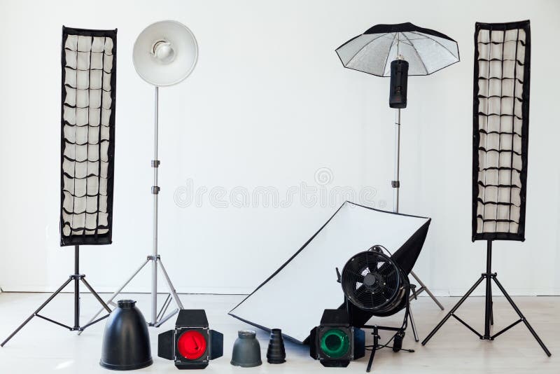 Photo Studio Equipment Flash Accessories Photographer on a White ...