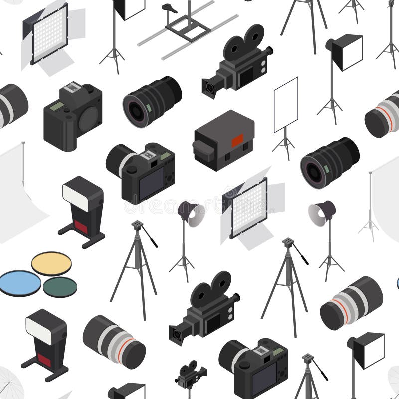 Photo Studio Equipment Seamless Pattern Background Isometric View ...