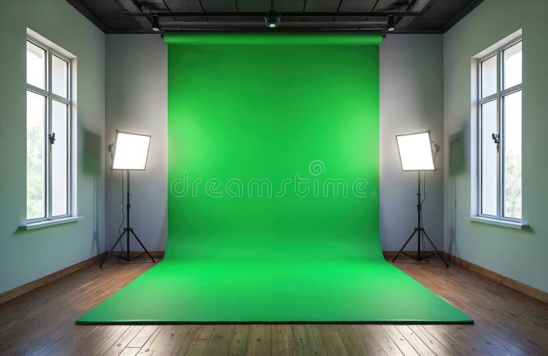 Photo Studio Interior with Chroma Key Green Screen Background. Empty ...