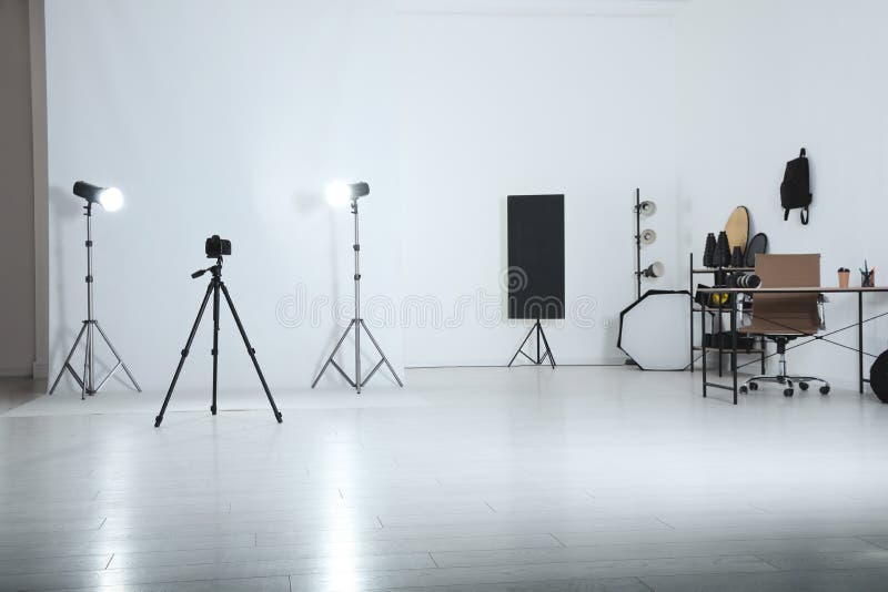 Photo Studio Interior with Set of Professional Equipment and Workplace ...
