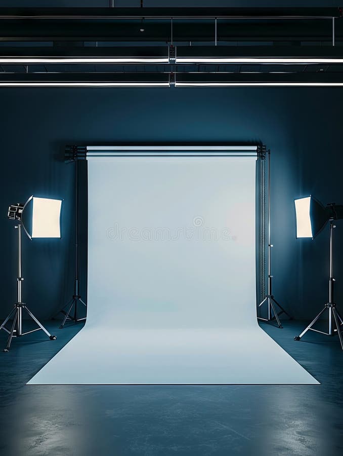 A Photo Studio with Lights and a White Backdrop Stock Image - Image of ...