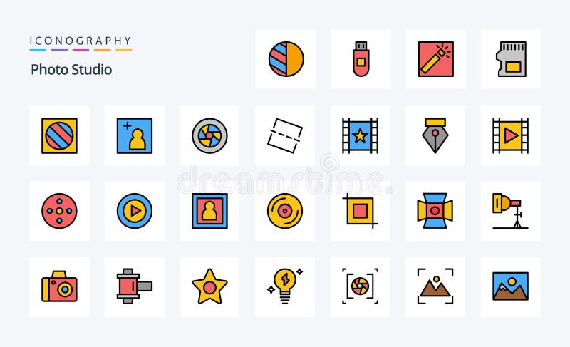25 Photo Studio Line Filled Style Icon Pack Stock Vector - Illustration ...