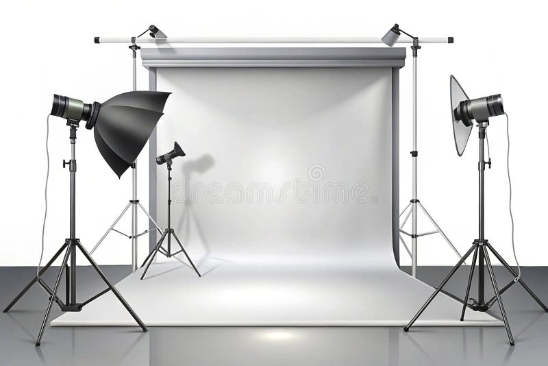 Photo Studio Setup with Lights, Backdrop, and Tripods Stock ...