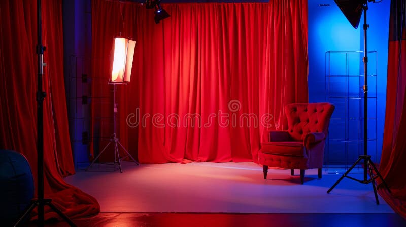 Photo Studio Setup with Red Curtains and Chair Stock Photo - Image of ...
