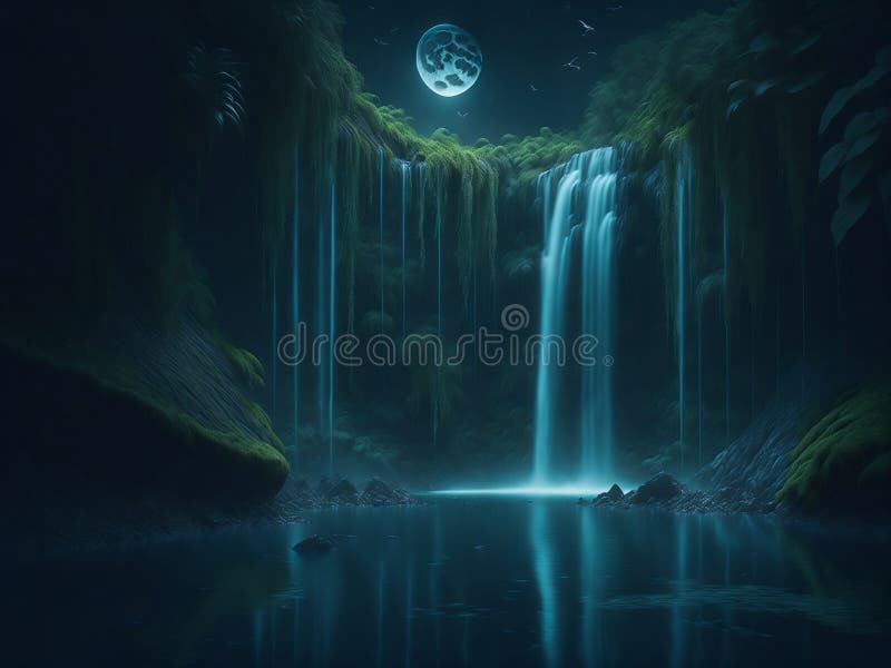 Ai Generated a Stunning Waterfall Illuminated by the Light of a Full ...
