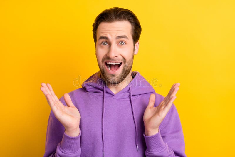 Photo Of Surprised Funky Guy Open Mouth Astonished Mood Wear Violet