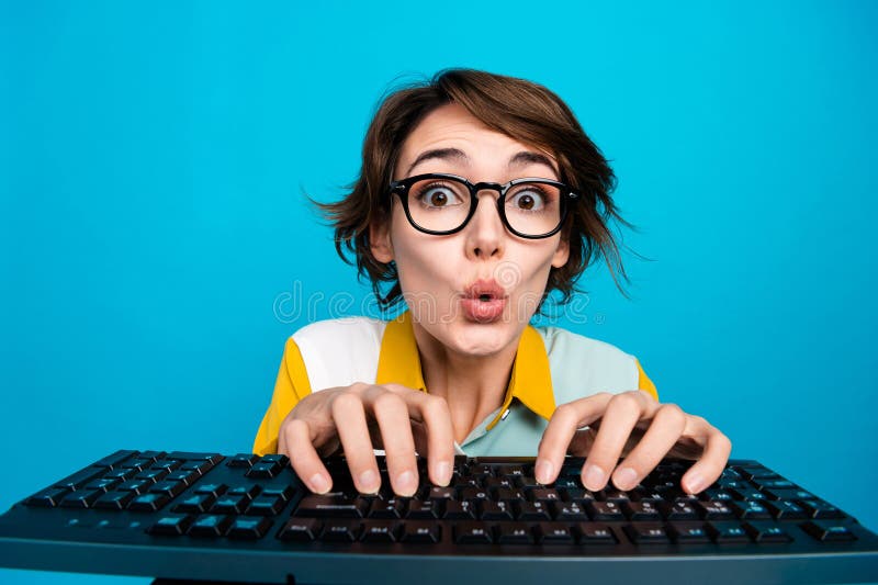 Photo of Surprised Lady Manager Using Computer Typing Programming ...