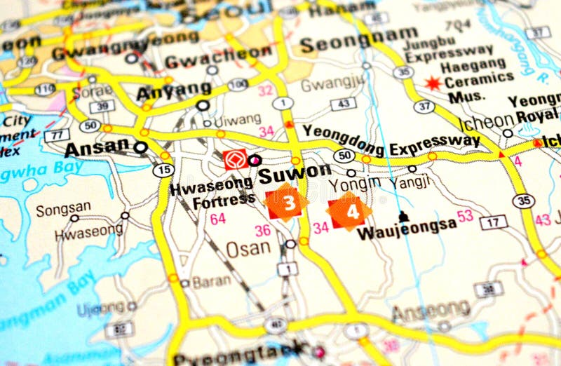 A photo of Suwon on a map stock photo. Image of road - 128339382