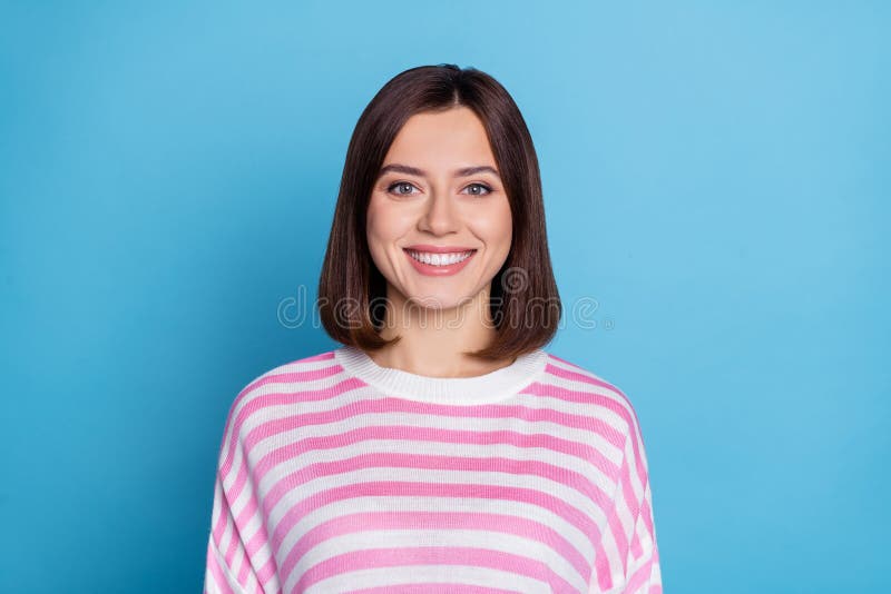 Photo Of Sweet Shiny Funny Young Woman Wear Striped Sweater Smiling