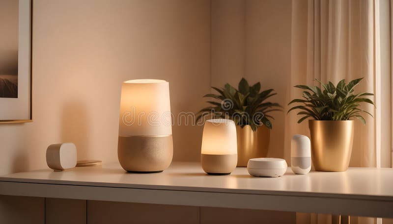 A Photo of a Table with Various Smart Home Devices, Including a Speaker ...