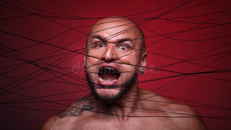 Image of Tangled in Threads Bald Screaming Man Stock Photo - Image of ...