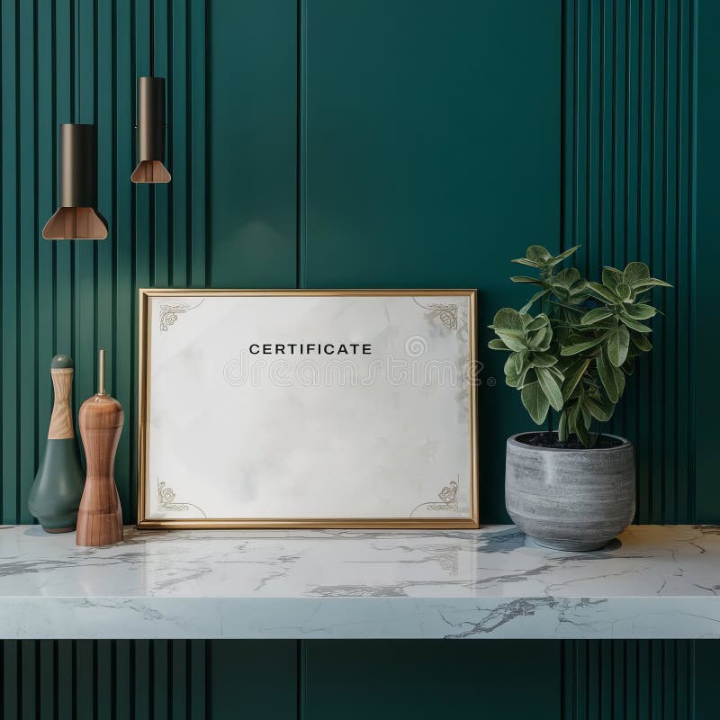A Blank Certificate in a Frame Sits on a Marble Shelf with a Minimalist ...