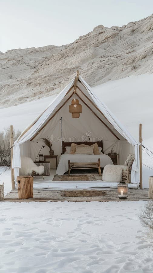 Snowy Tent with Cozy Bed stock image. Image of retreat - 308907019