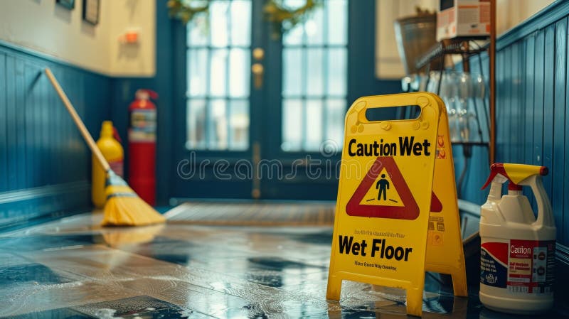 A Photo of the Text "Caution Wet Floor" Written on a Yellow Standing ...