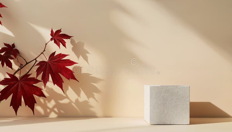 Red Maple Leaves Casting Shadows with a Textured Cube on a Soft Beige ...
