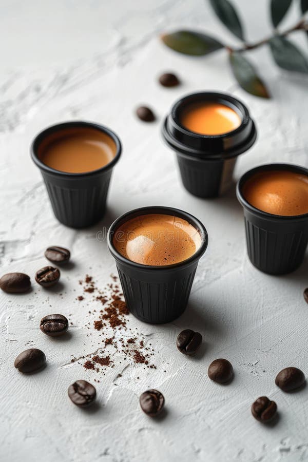 A Photo of Three Cups of Coffee on a Table with Coffee Beans Stock ...