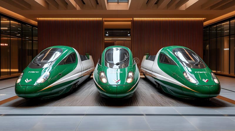 Photo: Three Green High-Speed Trains in Modern Station Interior Stock ...