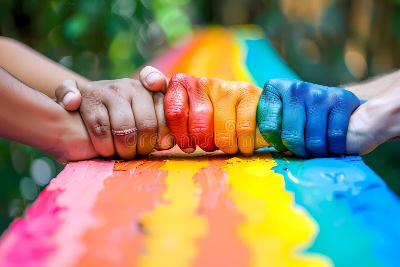 A Photo of Three Hands Holding Each Other on Top of a Rainbow Painted ...