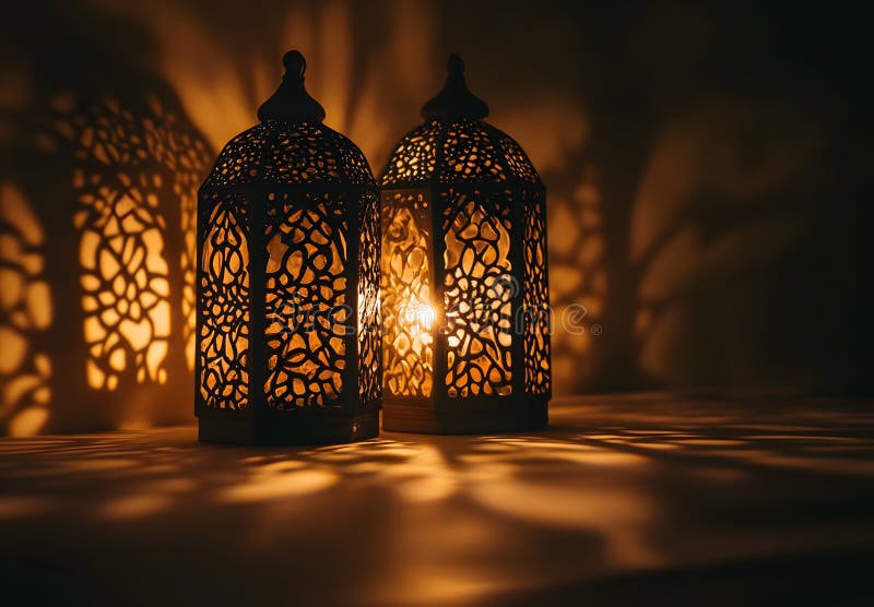 Ornate Lanterns Glowing Softly in Dark Stock Illustration ...