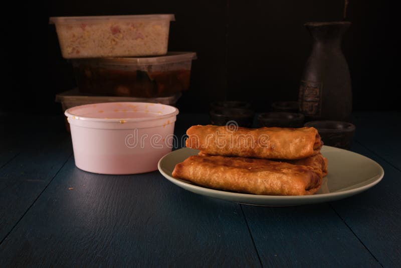 Photo of Three Spring Rolls with Sauce Stock Image - Image of crunchy ...