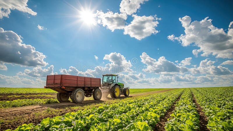 Photo of a Tractor Pulling an Open Trailer in the Green Letuce Field ...