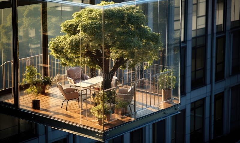 Photo of a Tree Inside a Modern Glass Building Stock Illustration ...