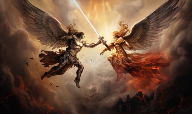 Photo of Two Angels Engaged in a Celestial Battle Stock Illustration ...