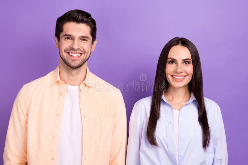 Photo Of Two Cheerful Satisfied People Beaming Toothy Smile Isolated On