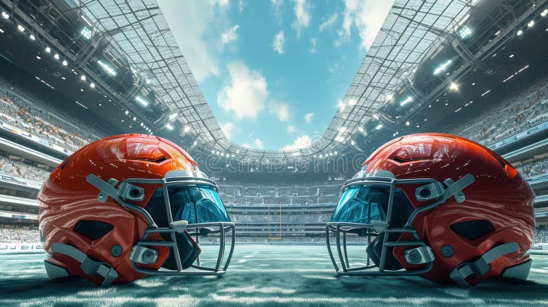 Photo of Two Football Helmets on Stadium Stock Image - Image of ...
