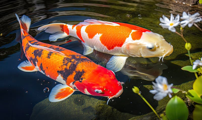 Photo of Two Koi Fish Swimming Gracefully in a Tranquil Pond Stock ...