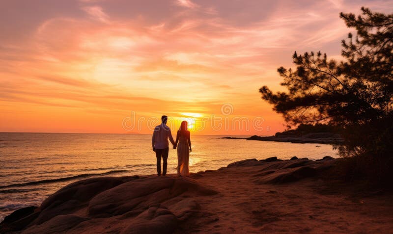 Photo of Two People Standing on a Beach at Sunset Stock Illustration ...