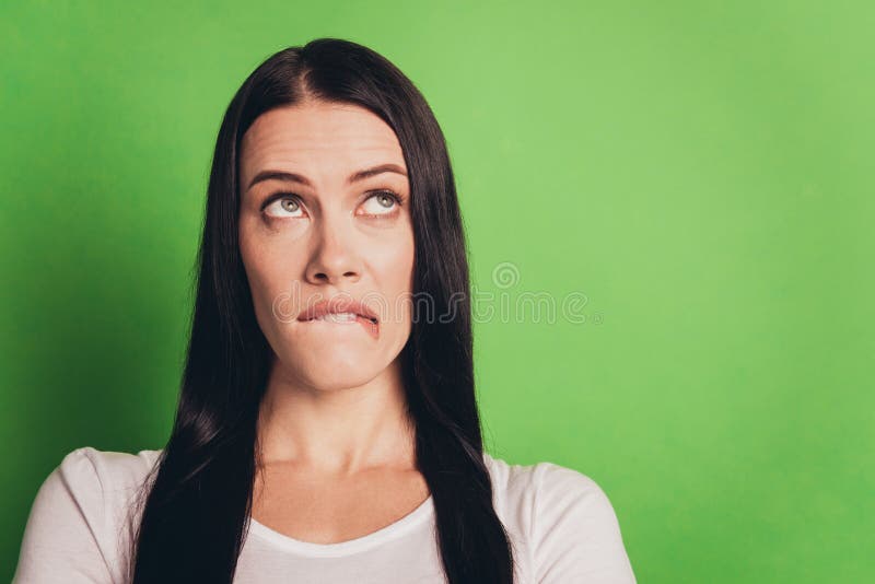 Photo of Unsure Thinking Lady Look Empty Space Stock Image - Image of ...