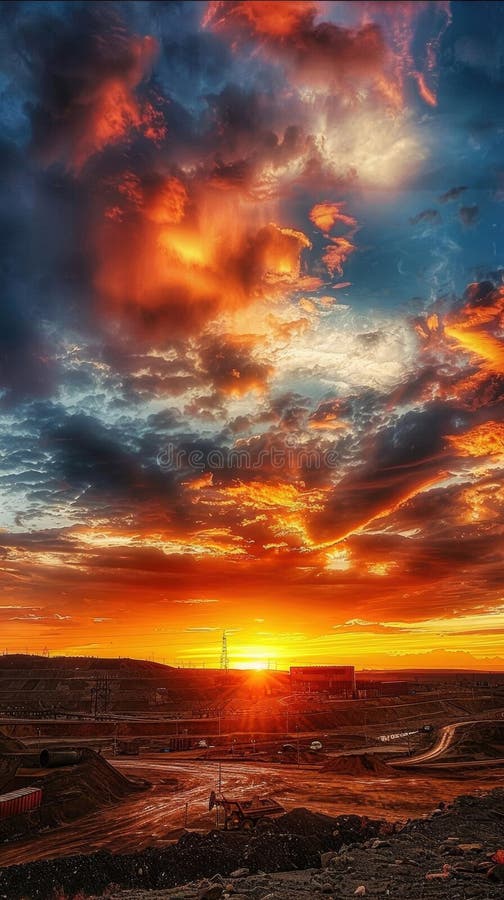 Photo of a Vibrant Sunset Over a Gold Mining Site Stock Illustration ...