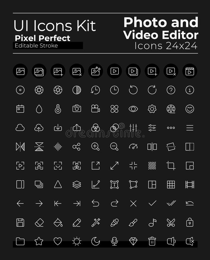 Photo and Video Editing Pixel Perfect White Linear Ui Icons Set for ...