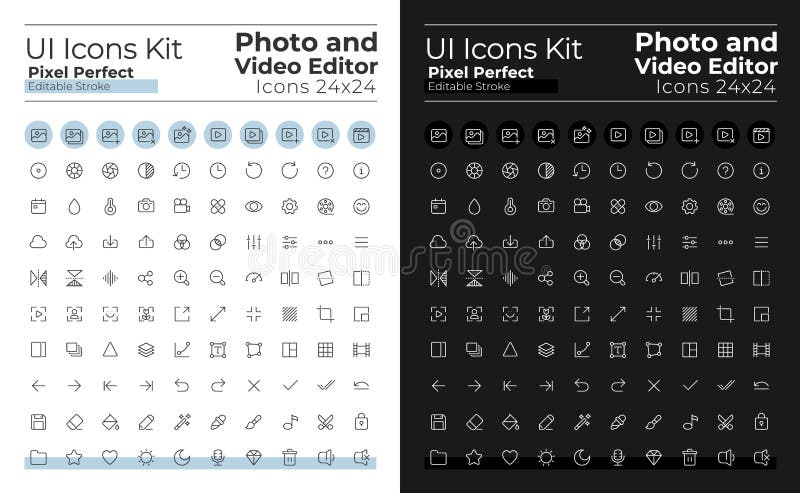 Photo and Video Editor Pixel Perfect Linear Ui Icons Set for Dark ...