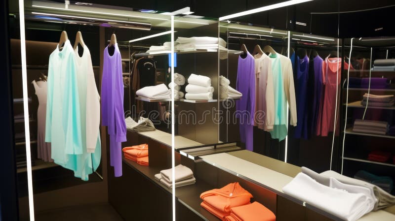 High-end Clothing Store with Sleek Black Interior and Vibrant Garments ...