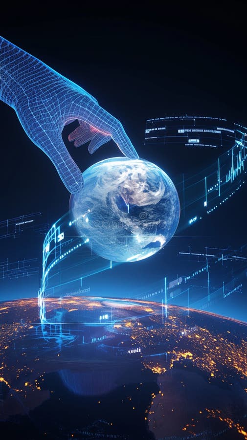 Photo Virtual Hand Interacts with Digital Planet in Coding Environment ...