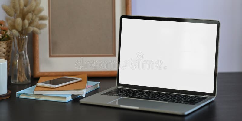 Photo of White Blank Screen Computer Laptop Putting on Black Working ...