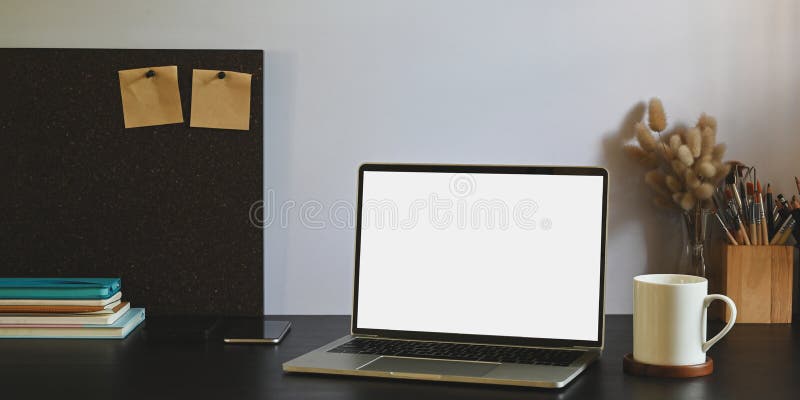 Photo of White Blank Screen Computer Laptop Putting on Black Working ...