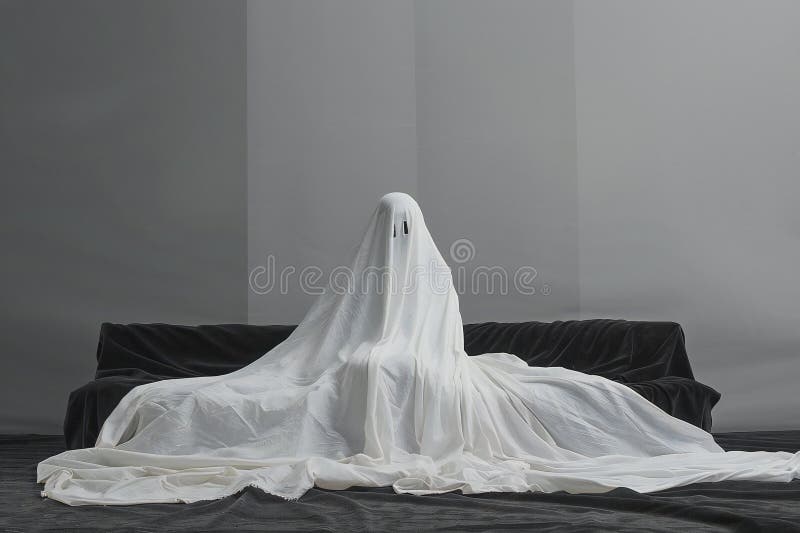 Photo of White Sheet Ghost Costume Sitting on the Sofa, Black and Grey ...