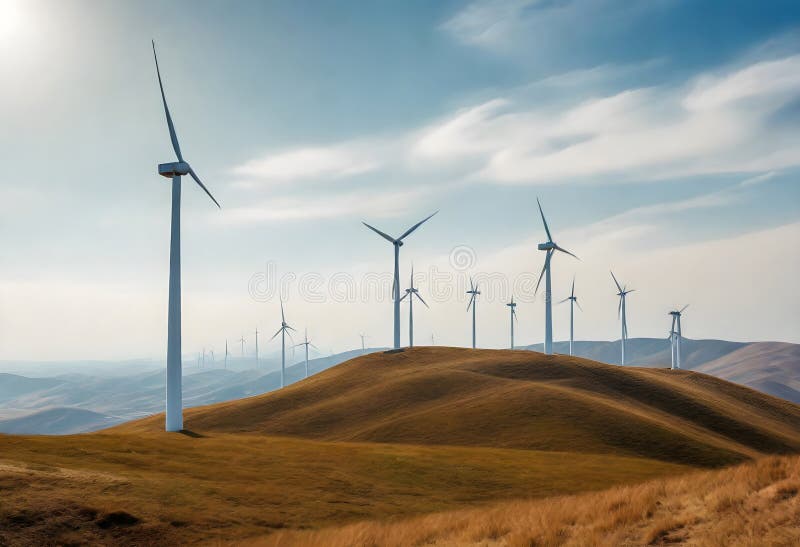 A Photo of Wind Turbines on a Hill with a Sky Background Stock ...
