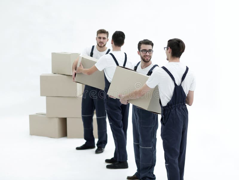Photo Workers Pass Each Other Boxes when Moving Flats. Stock Image ...